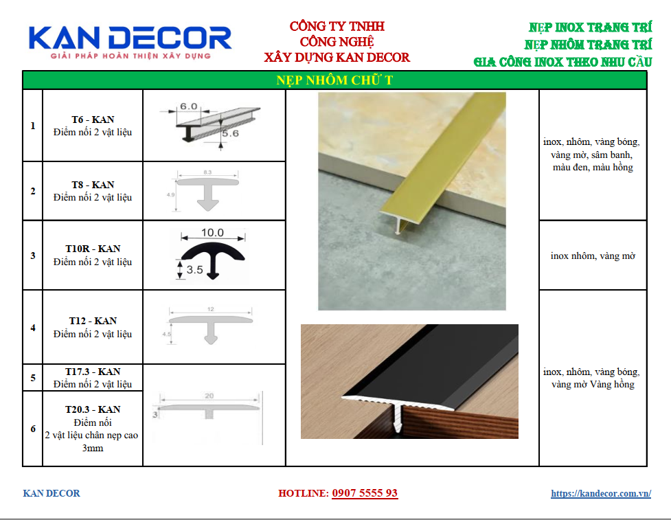 Chi tiết Nẹp T nhôm Trang Trí Nội Thất - Kan Decor